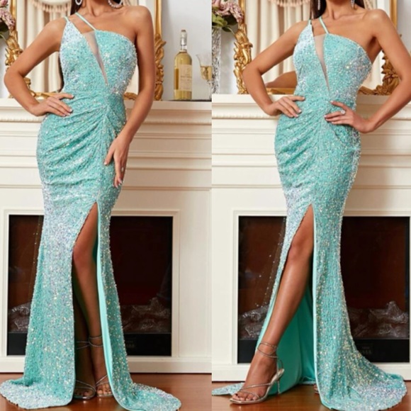 Dresses | Luxe Mint Blue One Shoulder Slit Thigh Detail Party Formal ...